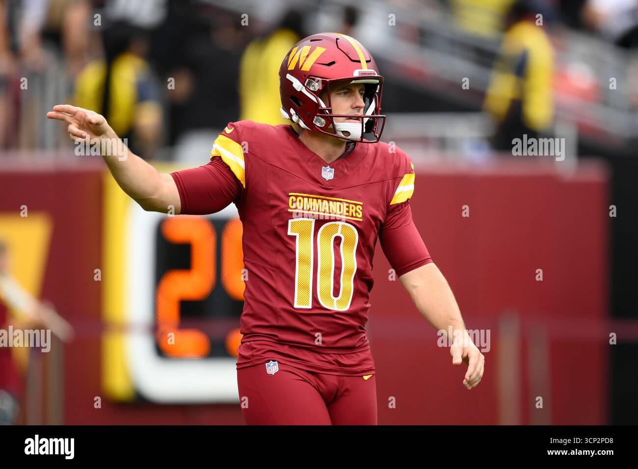 Washington Commanders punter Tress Way (10) warms up before an NFL ...