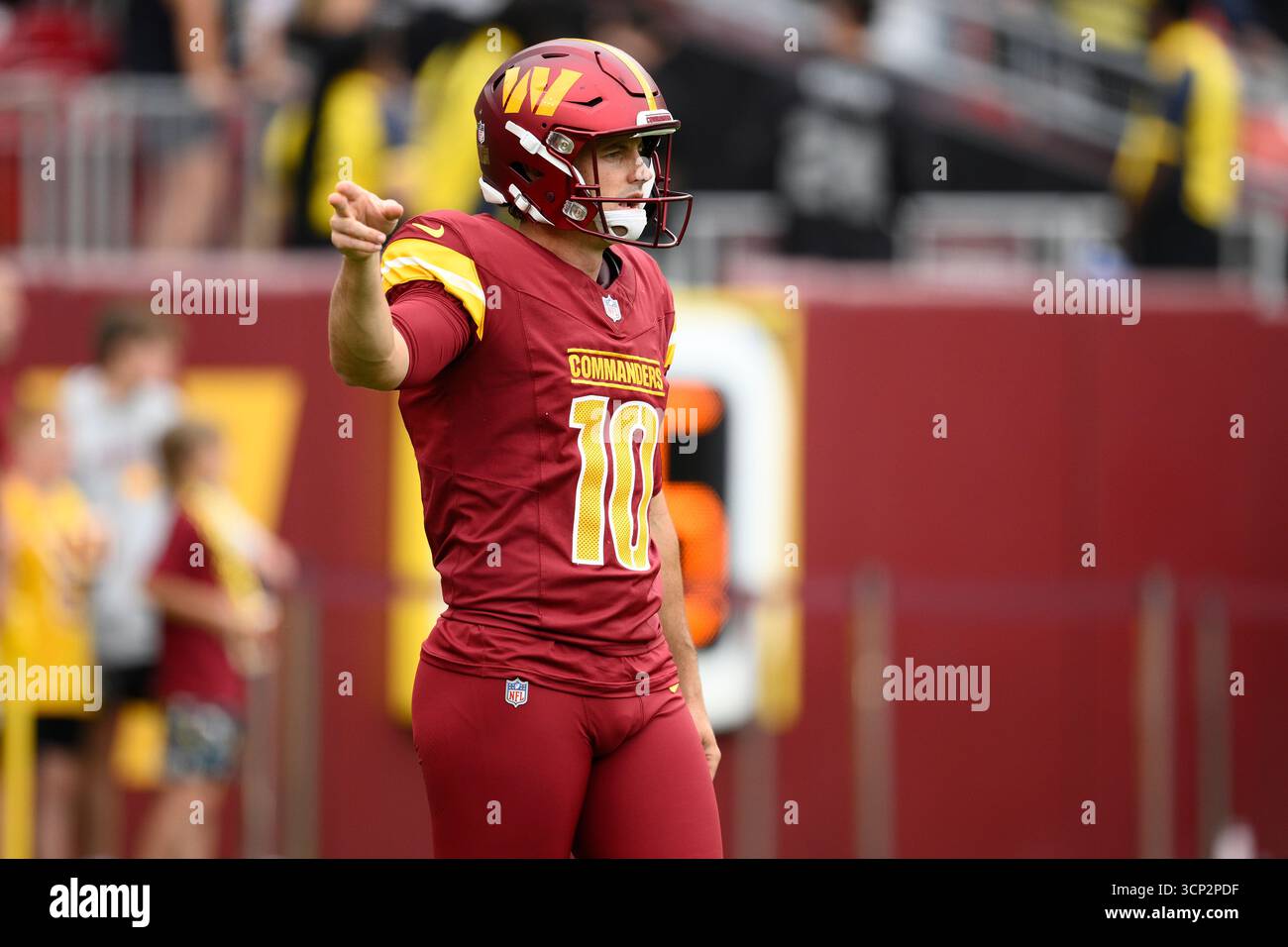Washington Commanders punter Tress Way (10) warms up before an NFL ...