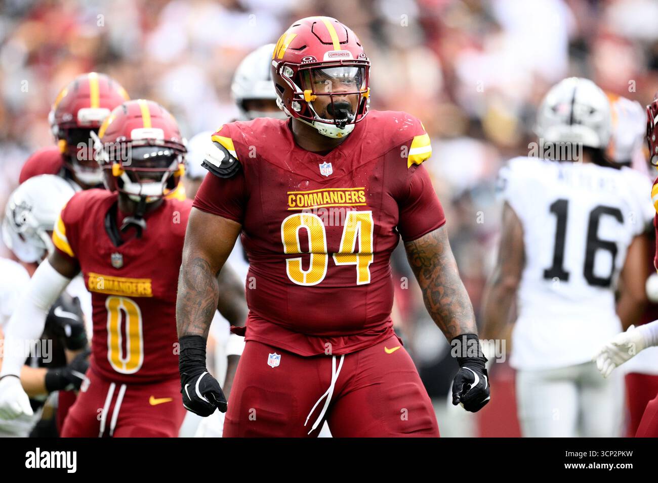 Washington Commanders defensive tackle Daron Payne (94) reacts during ...