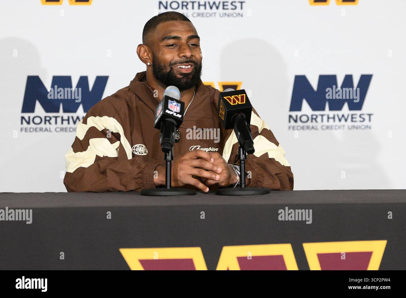 Washington Commanders running back Jeremy McNichols (26) speaks during ...