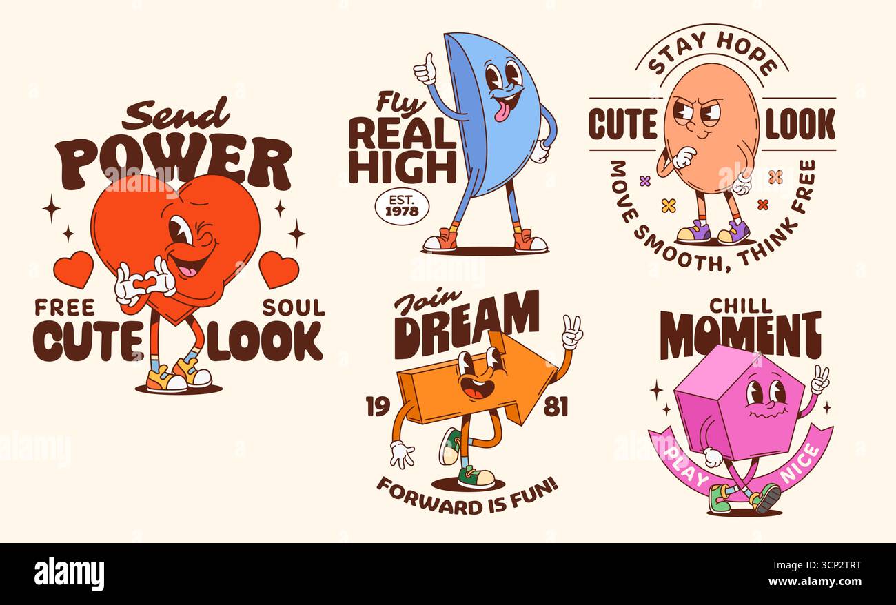 Math shape groovy characters stickers or t shirt prints. Vector playful ...