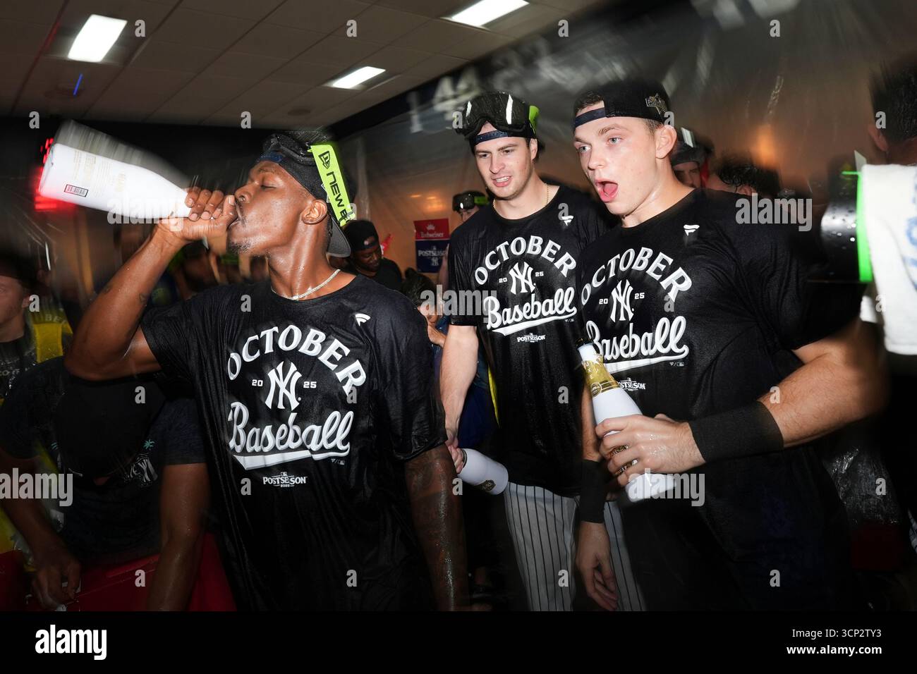 New York Yankees' Jazz Chisholm Jr., left, and Ben Rice celebrate with ...