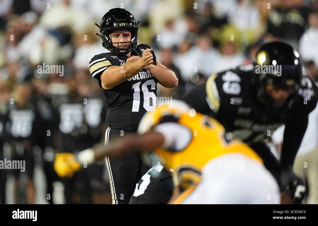 Colorado place kicker Alejandro Mata (16) lines up a field goal against ...