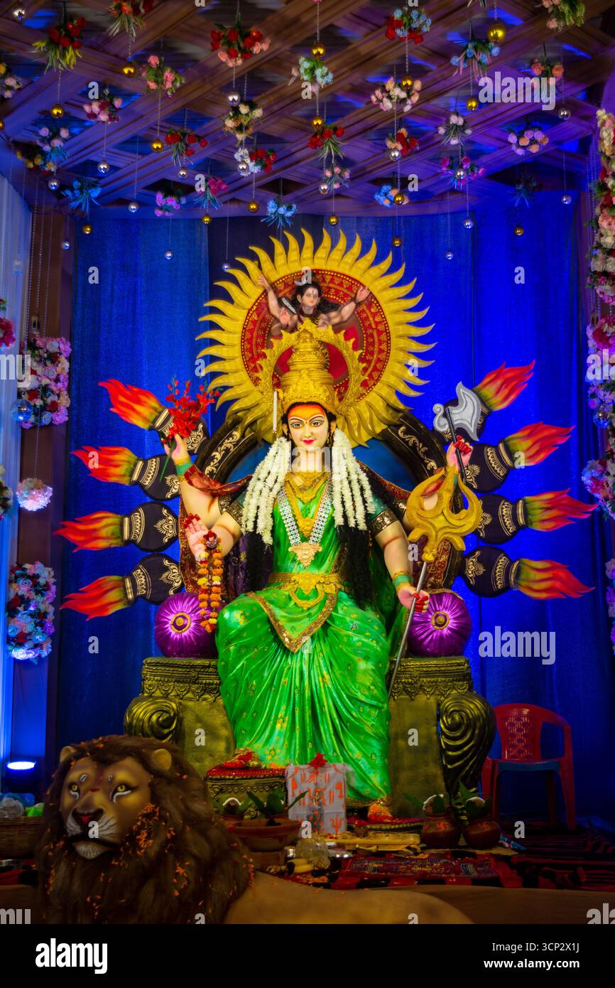 Goddess durga idol at decorated navratri festival pandal. Happy ...