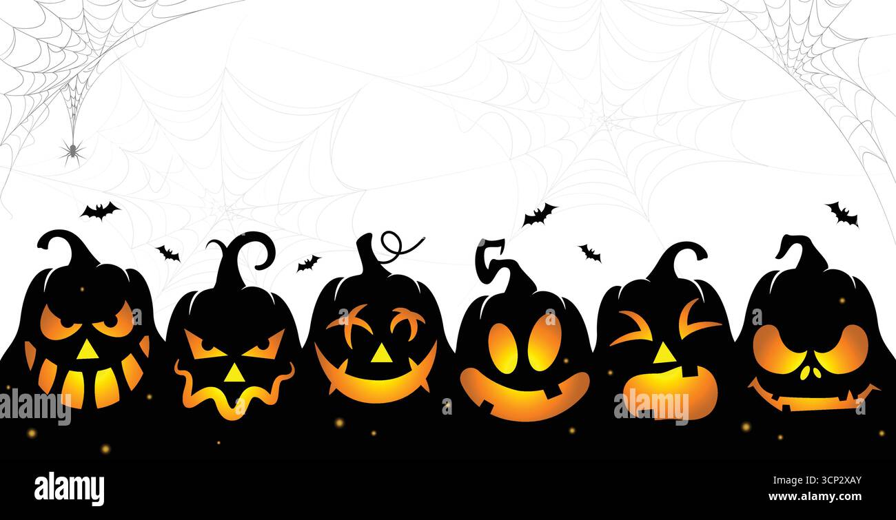 Happy Halloween illustration featuring glowing pumpkins, spider webs ...