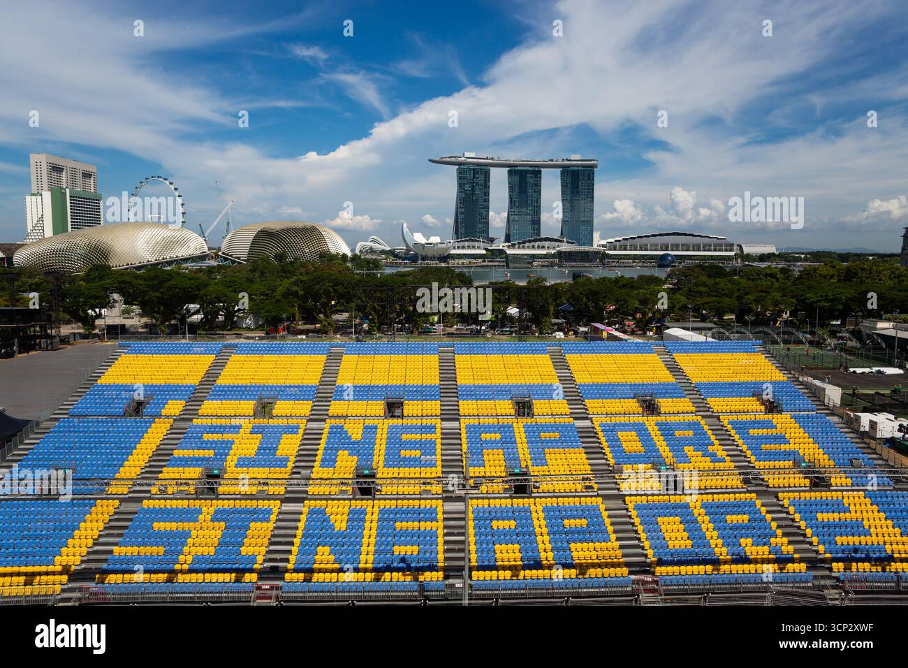 International and national event. F1 stage preparation, seating area for the visitors, Singapore ...