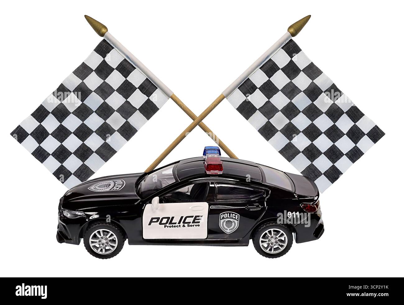 Police car for patrolling the streets with a checkered flag to show ...