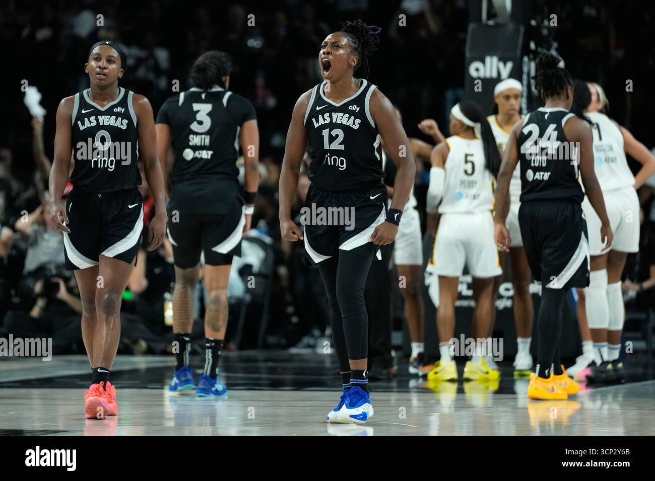 Las Vegas Aces guard Chelsea Gray (12) celebrates after a play against ...