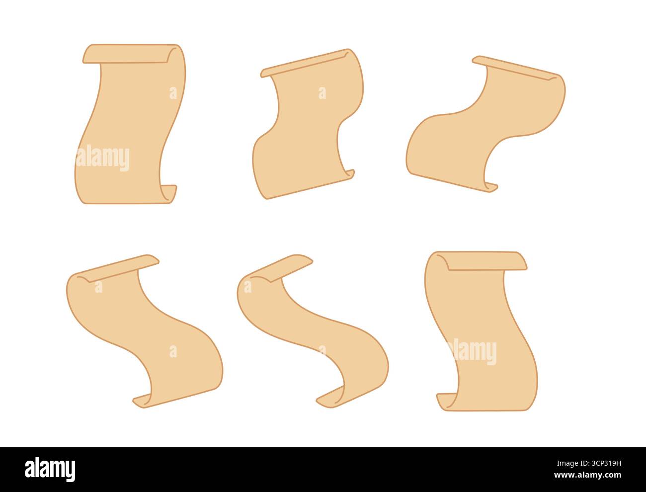 Flat line art illustration of parchment scrolls in different angles and ...