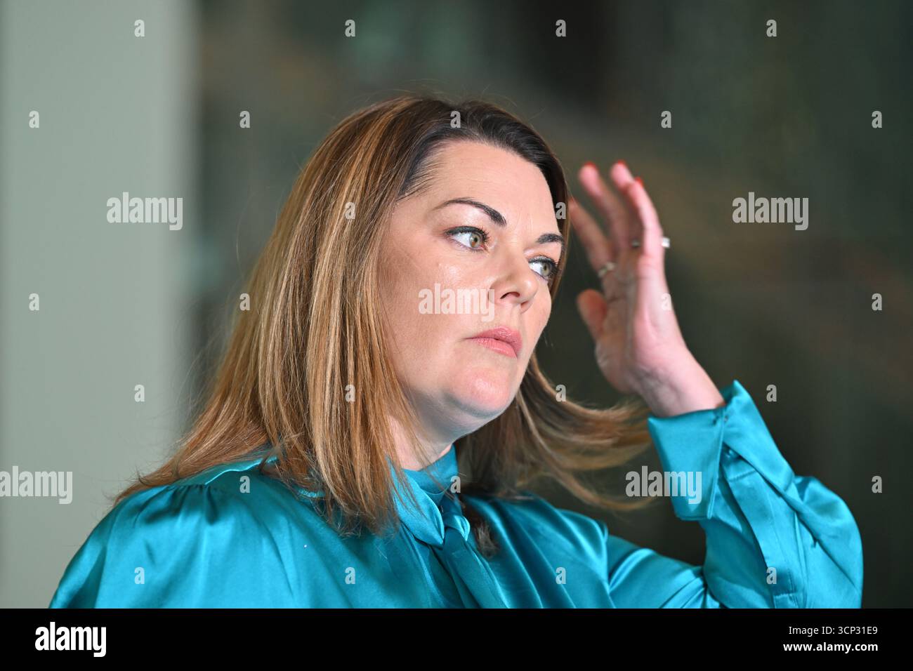 Greens Senator Sarah Hanson-Young at a press conference at Parliament ...