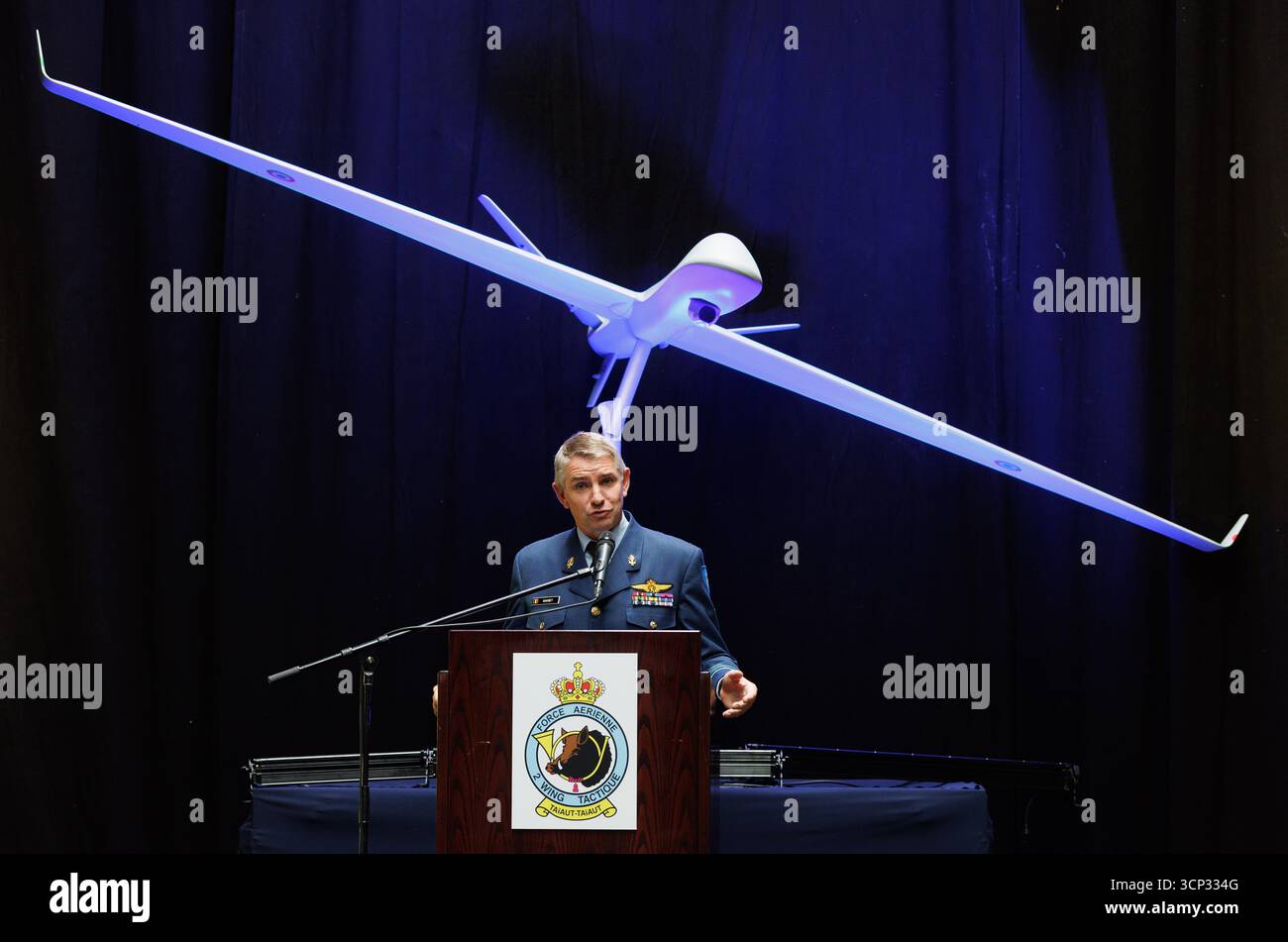 Commander of the Florennes base Vincent Maniet delivers a speech at the ...
