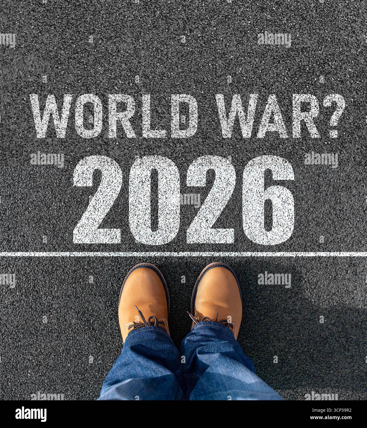 A person's feet standing on an asphalt road with the words WORLD WAR ...