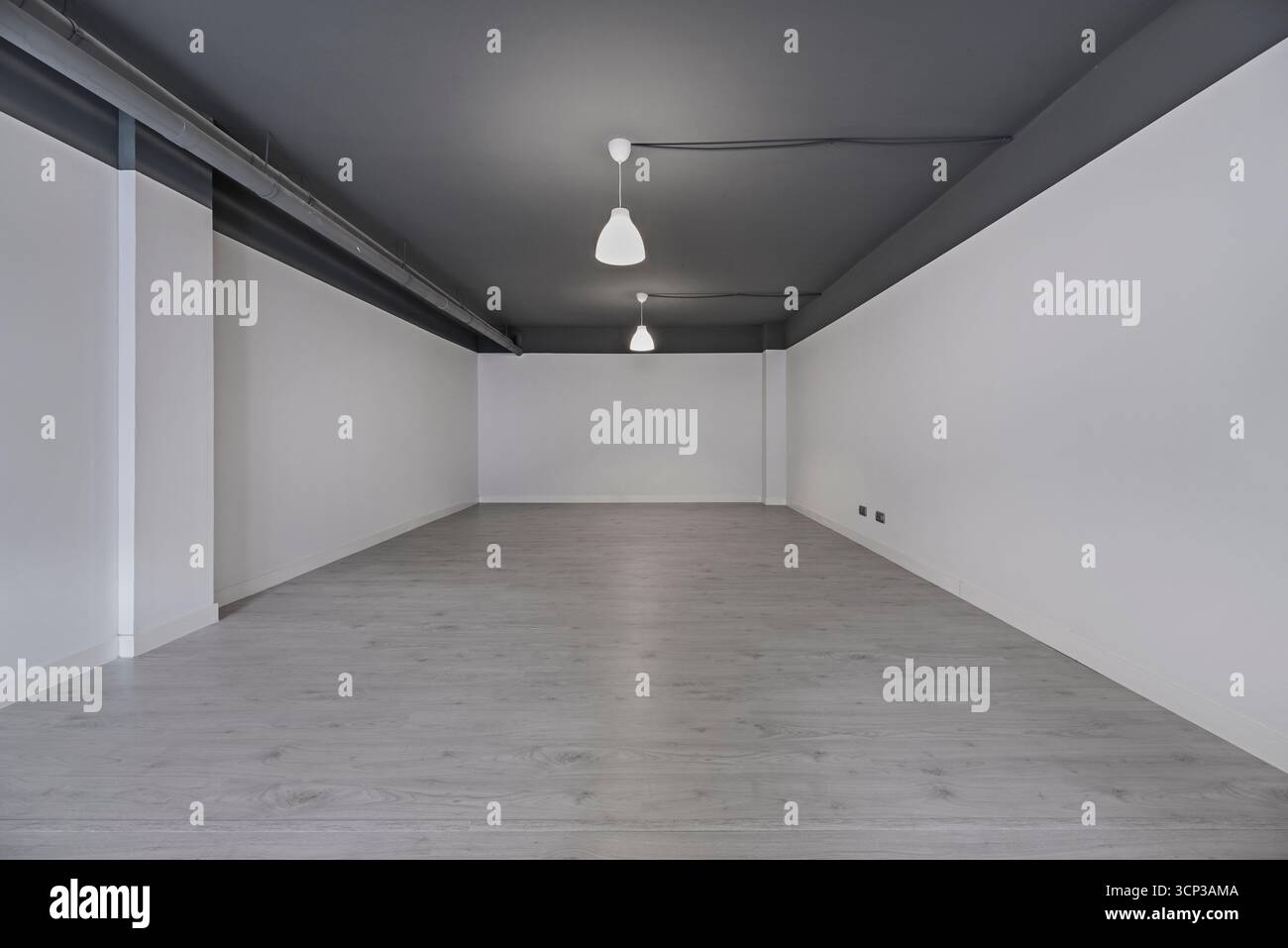 Caverous basement room with high, soffit ceilings and built-in niches ...