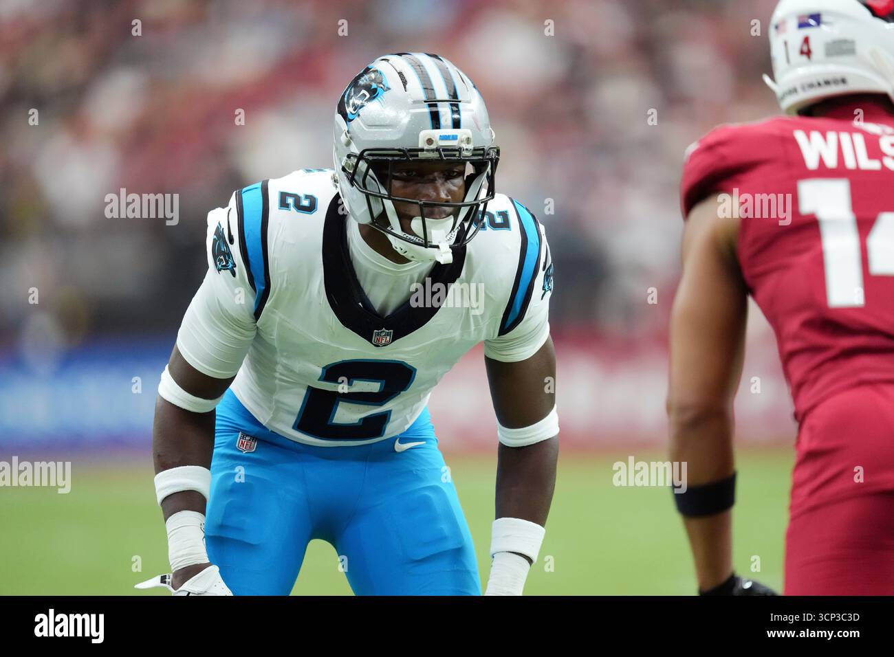Carolina Panthers cornerback Mike Jackson (2) covers Arizona Cardinals ...