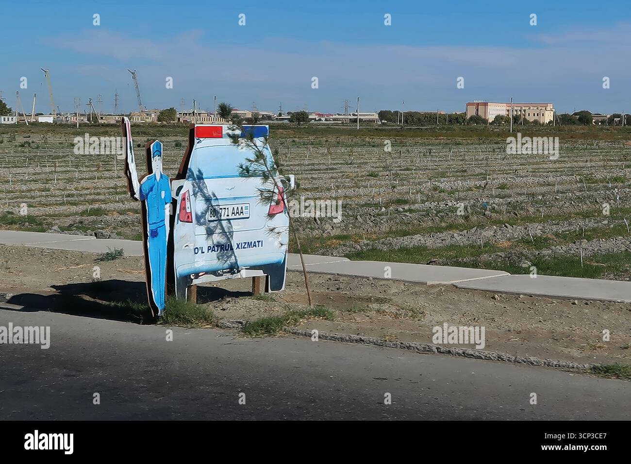 A plywood cutout of a police officer and car on the roadside, in the ...