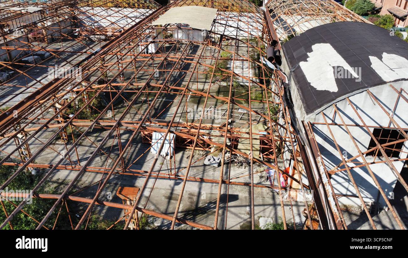 Aerial view of an abandoned factory left to urban decay. Empty ...