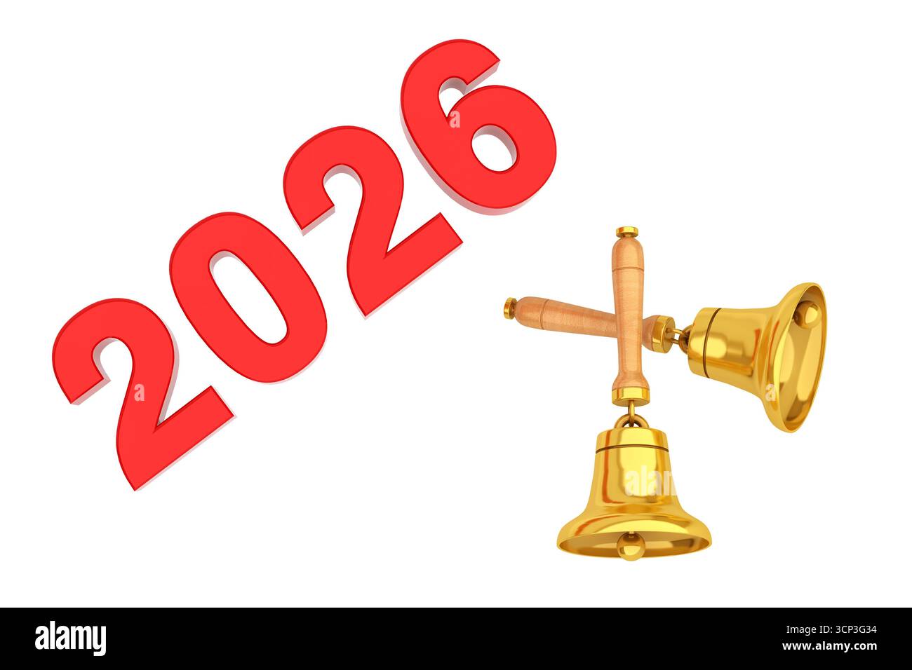 New Year 2026 Sign With Golden Bells On A White Background 3d