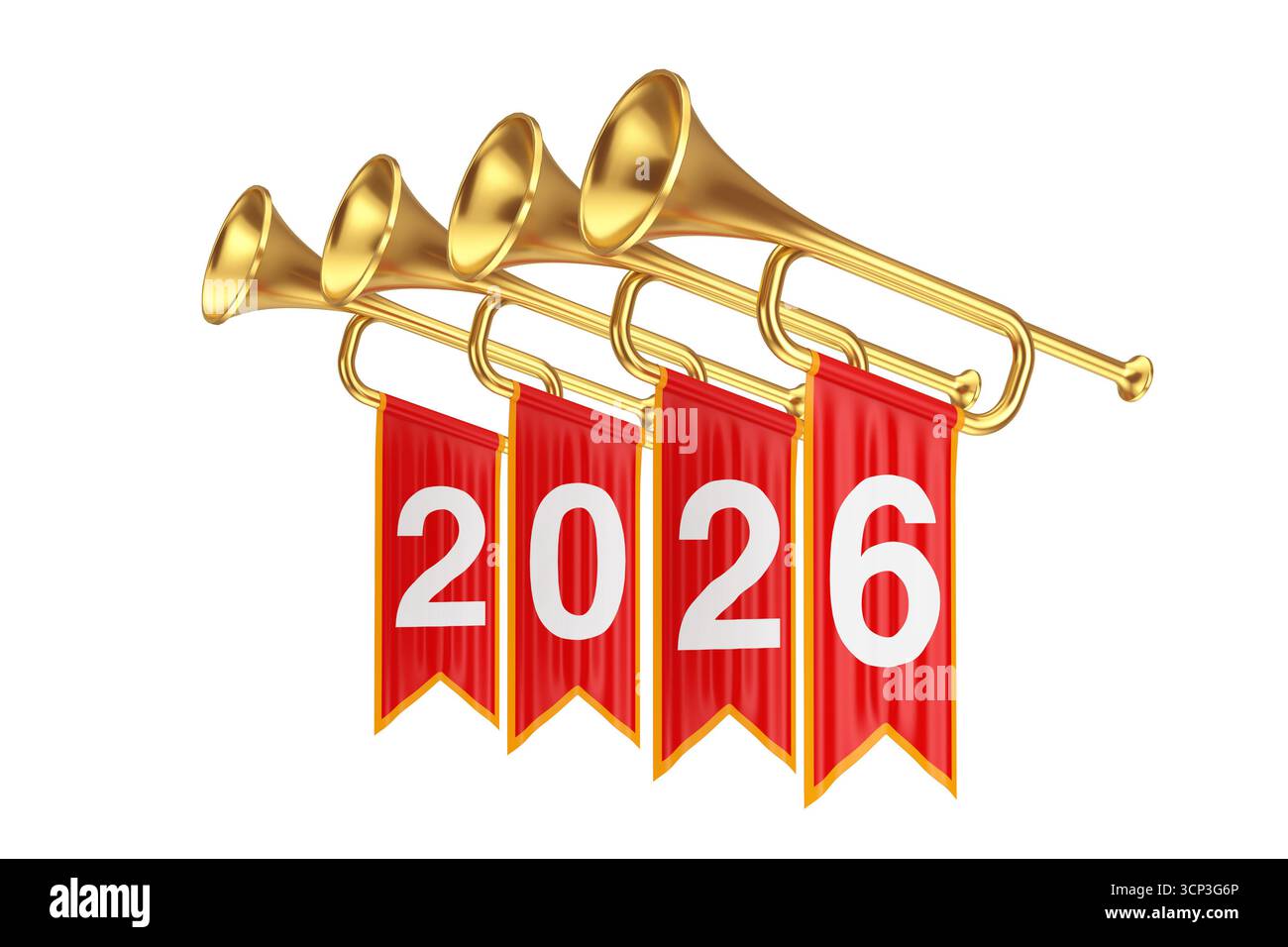 Golden Fanfare Trumpets with 2026 New Year Red Flags on a white ...