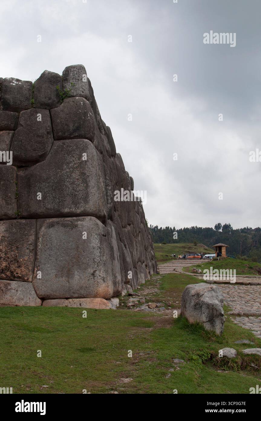 Ruins and stone wall at Sacsayhuamán, an Inca fortress in Cusco. Built ...