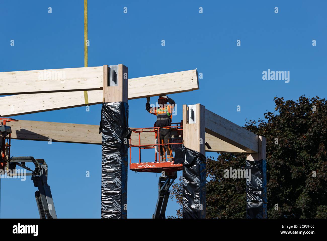 Laminated timber beam suspended from crane guided onto Glulam frame by ...