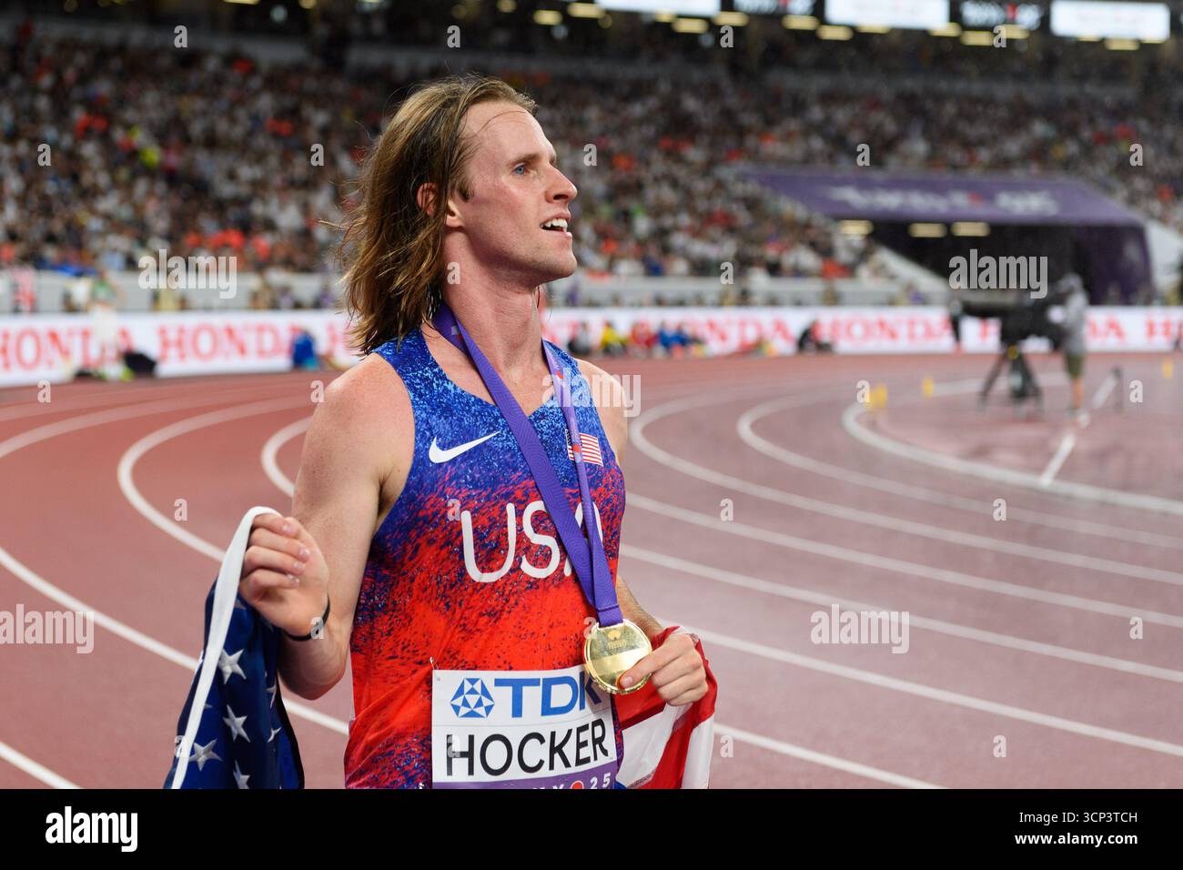 Cole Hocker (United States) with his gold medal after winning the 5000 ...
