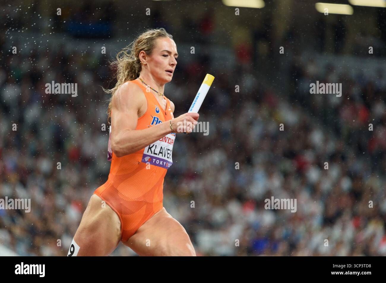 Lieke Klaver (Netherlands) in the rain during the 4x400 metres relay ...