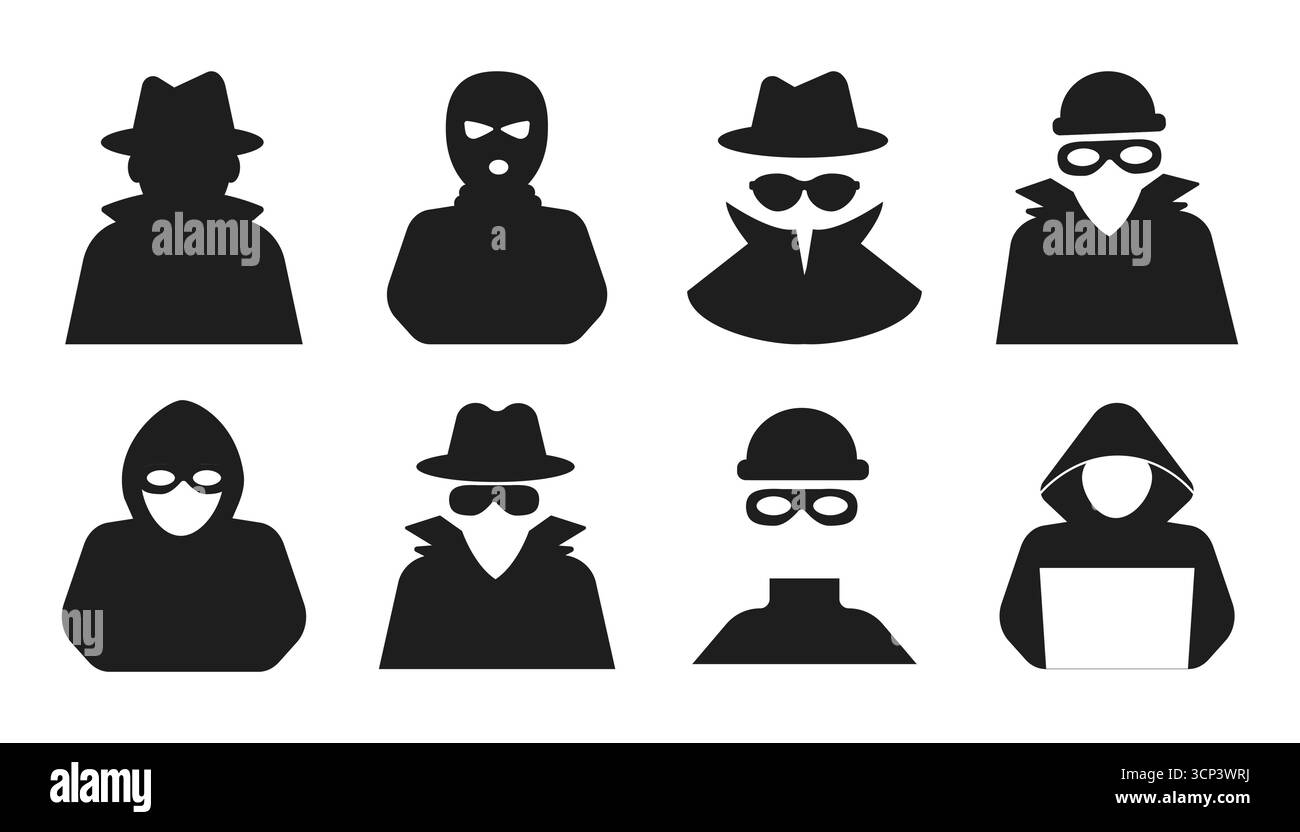 Incognito set anonymous bandit character silhouette icons, hacker or ...