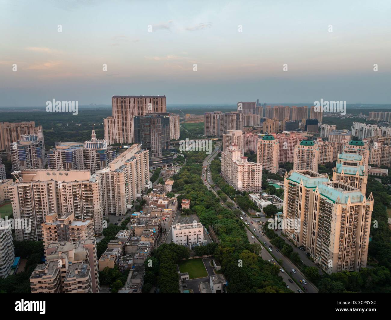 Aerial view of a sprawling cityscape where modern buildings rise amidst ...