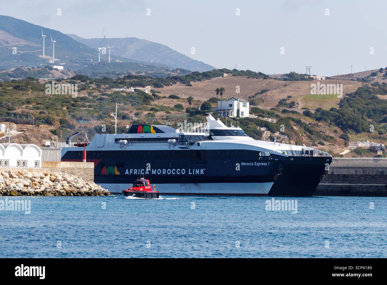 21 September 2025, Spain, Tarifa: The ferry "Morocco Express 1" of the ...