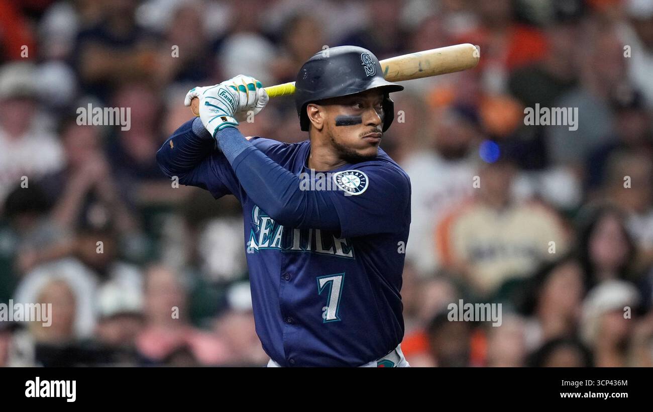 Seattle Mariners' Jorge Polanco bats against the Houston Astros during ...