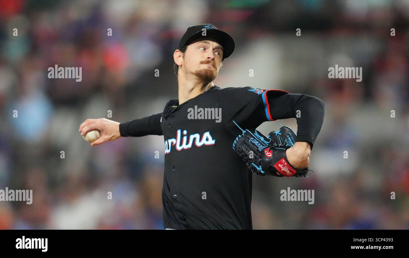 Miami Marlins starting pitcher Adam Mazur throws to the Texas Rangers ...