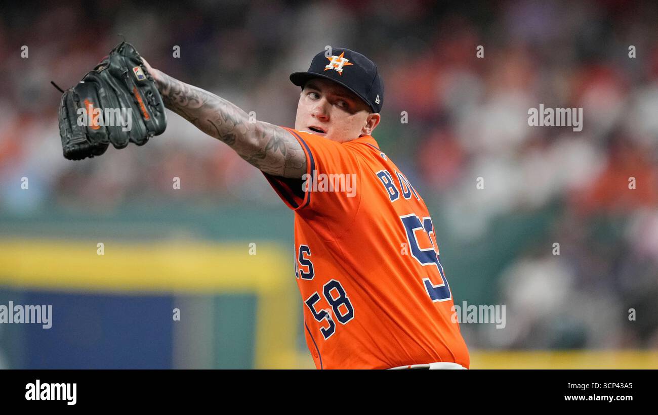 Houston Astros pitcher Hunter Brown (58) delivers during the first ...