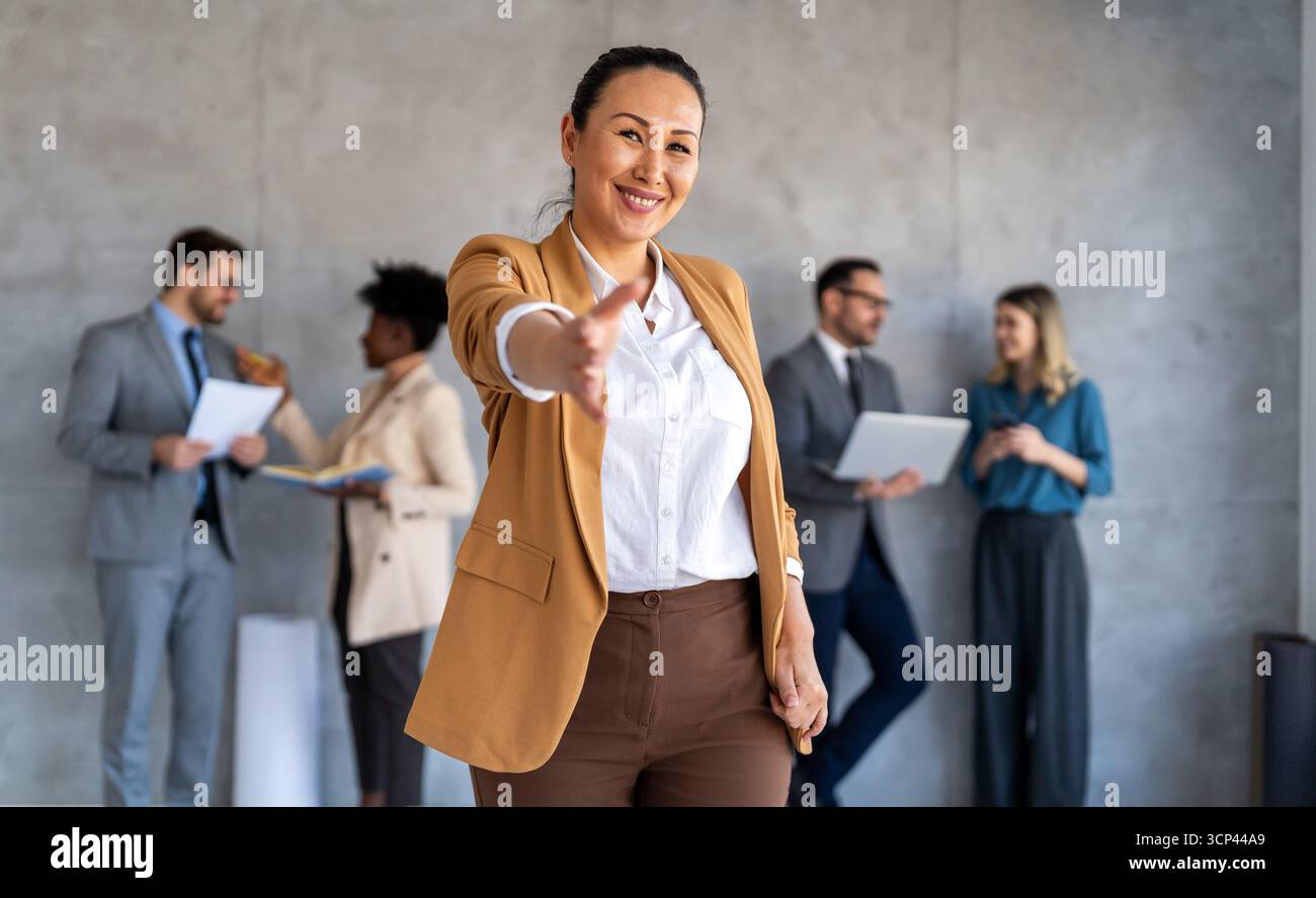 Happy office staff, success employee giving hand for shaking. Business ...