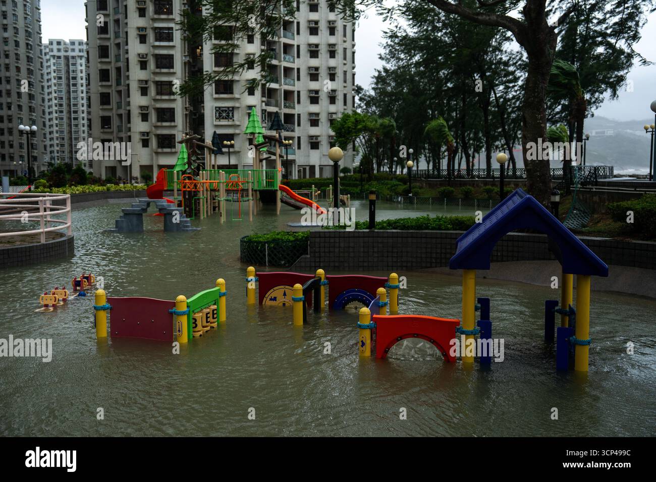 A flooded playground at Heng Fa Chuen as Typhoon Ragasa passes through ...