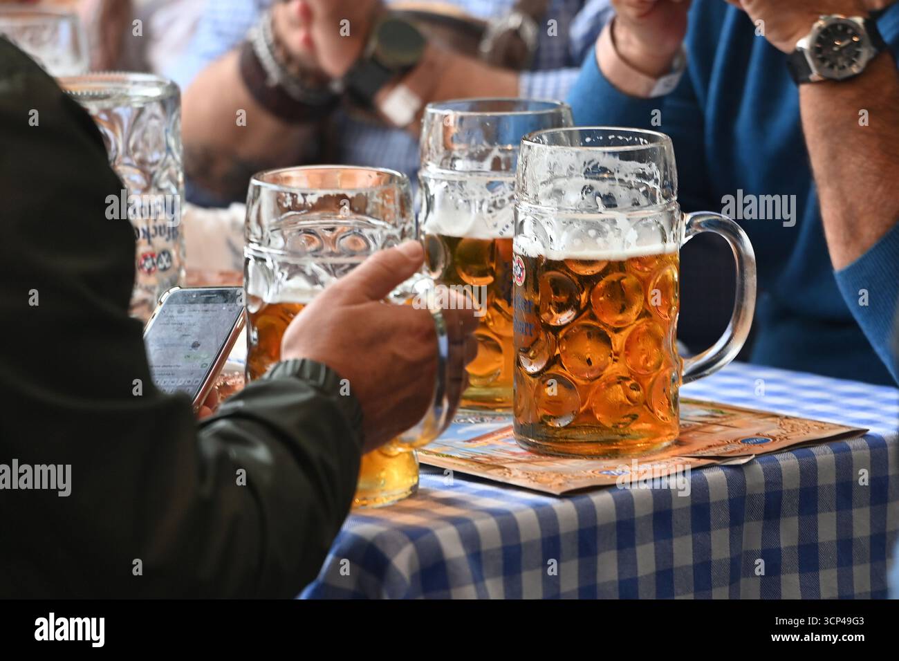 190th Oktoberfest 2025. Visitors and guests toast each other with liter ...