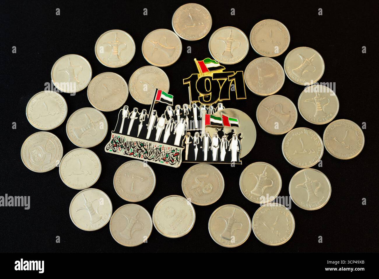 UAE Coins and Pins Arranged in Circular Pattern Celebrating 1971 UAE ...