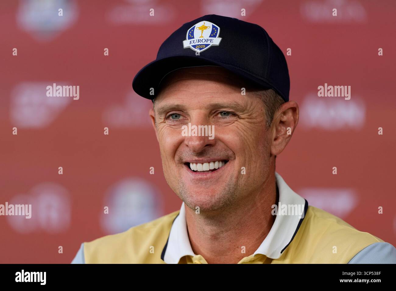 Europe's Justin Rose speaks during a news conference at the Ryder Cup ...