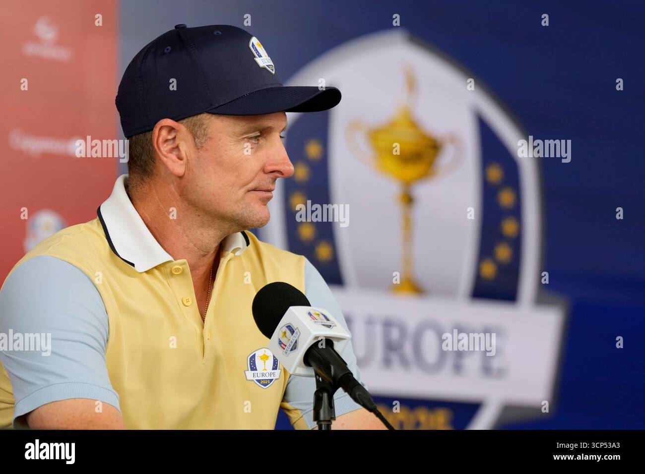 Europe's Justin Rose speaks during a news conference at the Ryder Cup ...