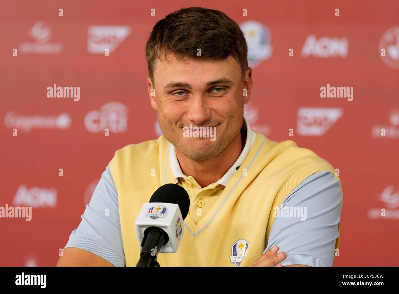 Europe's Ludvig Åberg speaks during a news conference at the Ryder Cup ...