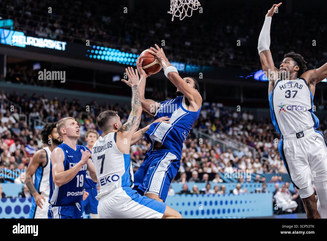 Olivier Nkamhoua (R) of Finland and Vassilis Toliopoulos of Greece (L ...