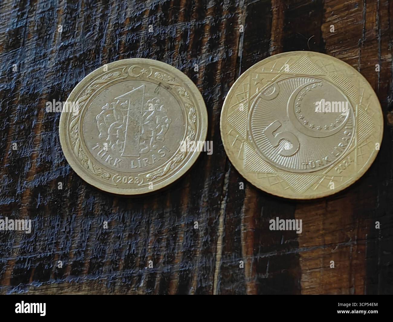 Turkish Lira 1 Kr & 5 Kr Coins – Tails Side on Dark Wooden Table ...