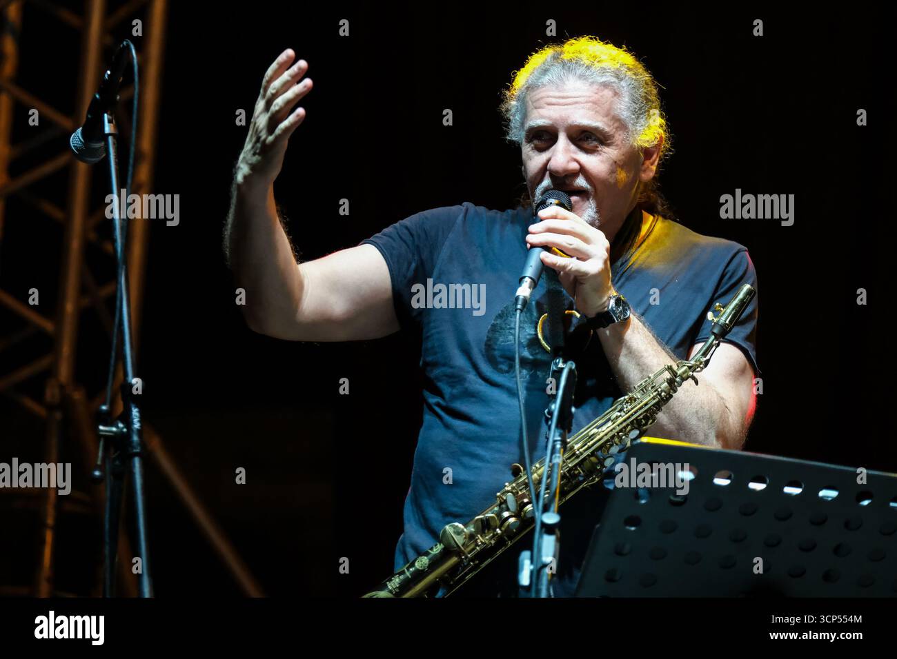 Argentine saxophonist Javier Girotto seen performing live during ...
