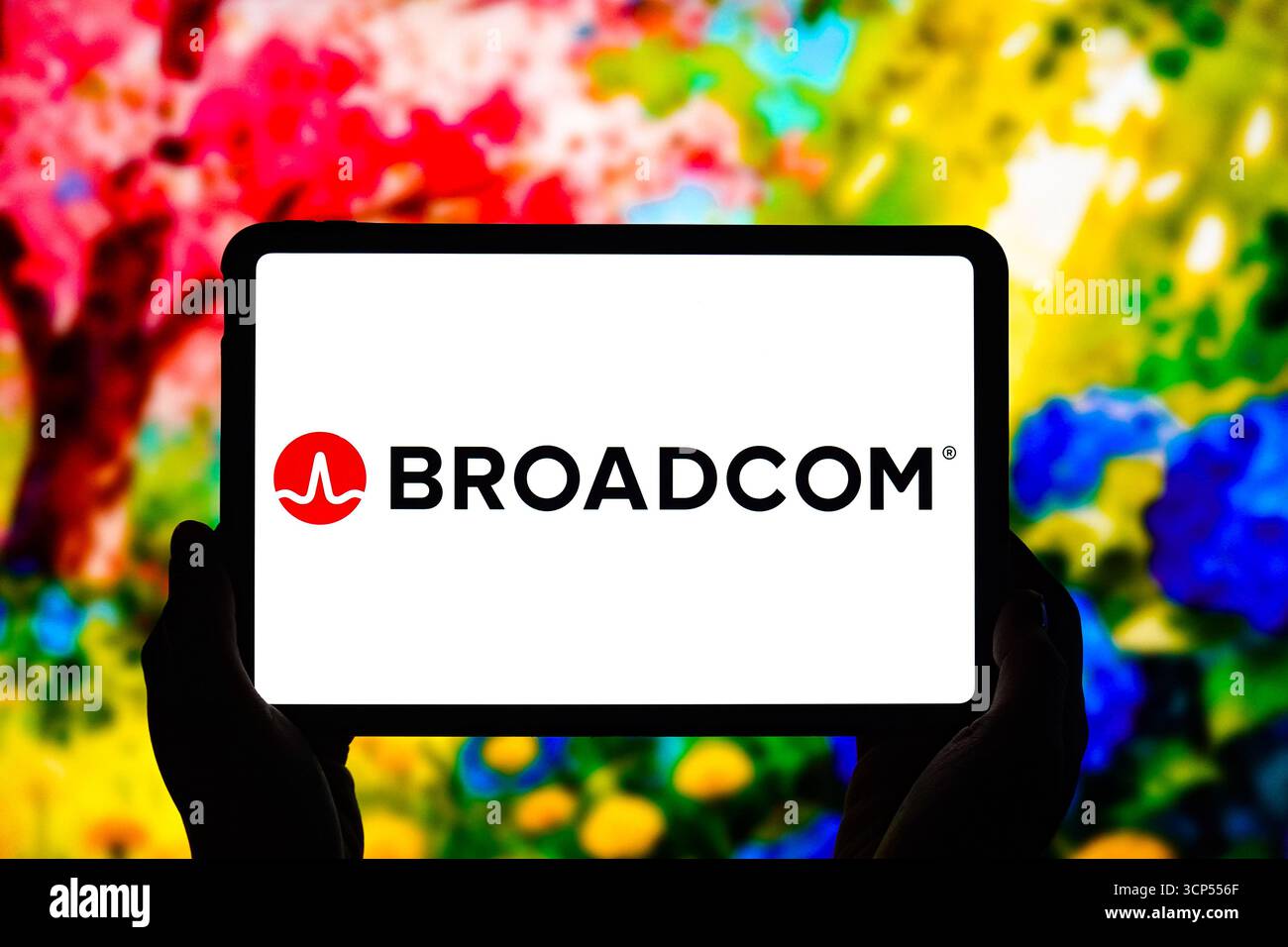 In this photo illustration, Broadcom's logo is displayed on the screen ...