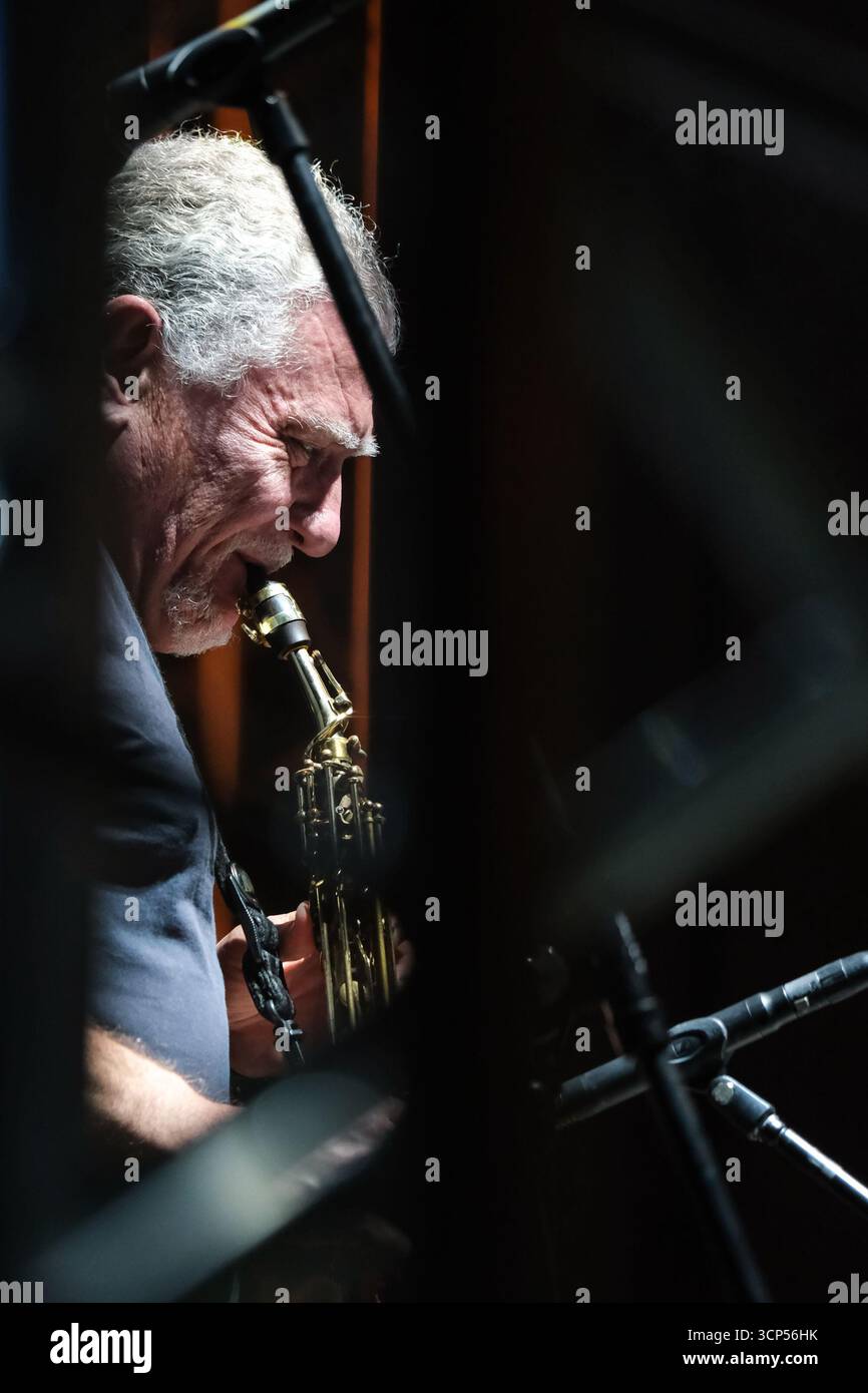 Argentine saxophonist Javier Girotto seen performing live during ...