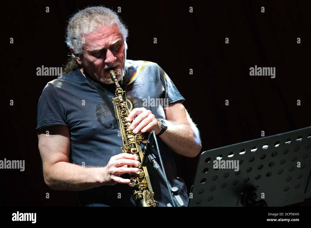 Argentine saxophonist Javier Girotto seen performing live during ...