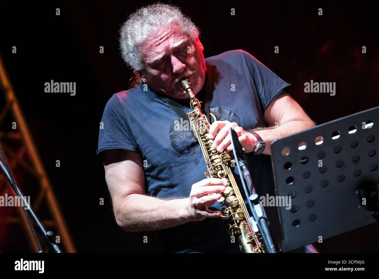 Argentine saxophonist Javier Girotto seen performing live during ...