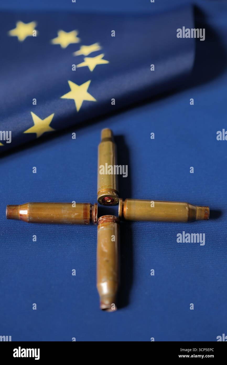 European Union is a partner of NATO. Flags of organizations. Metaphor ...