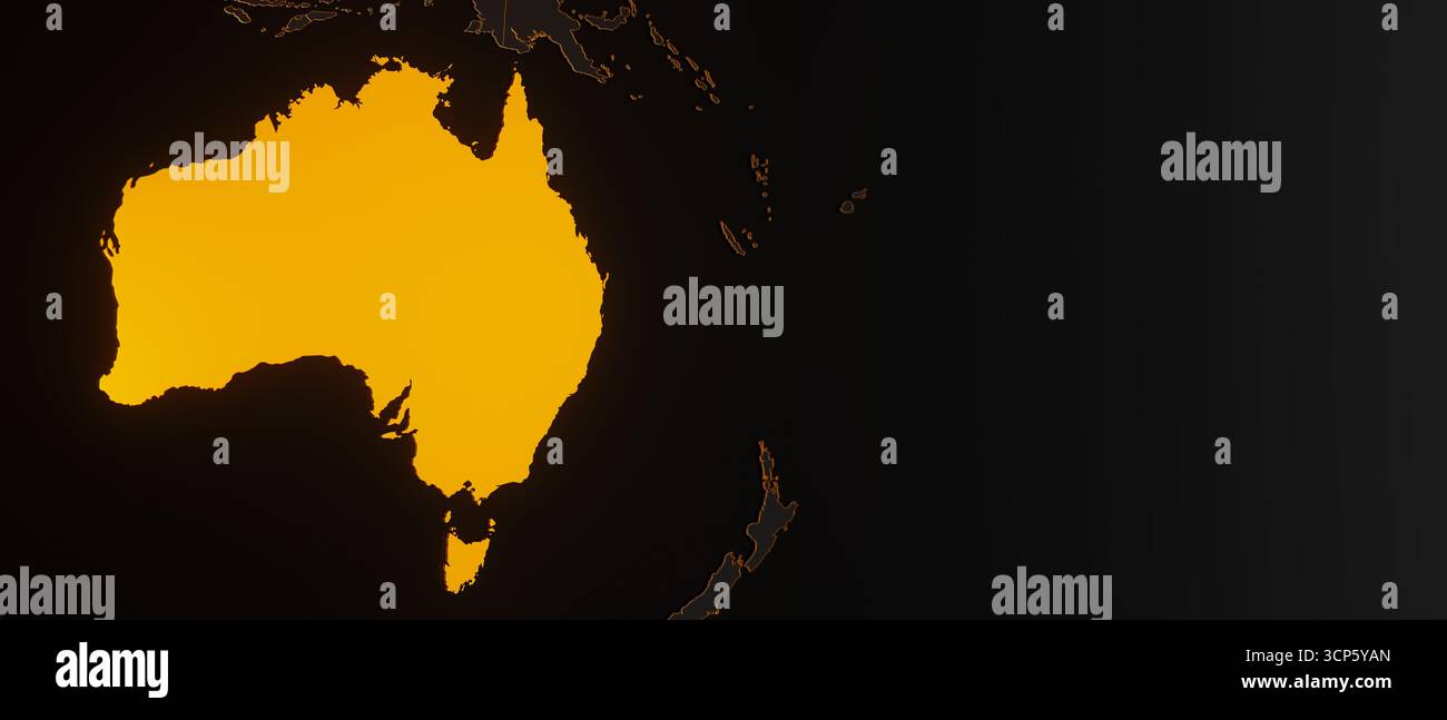 Golden Australia 3d map surrounded with other countries in black with ...