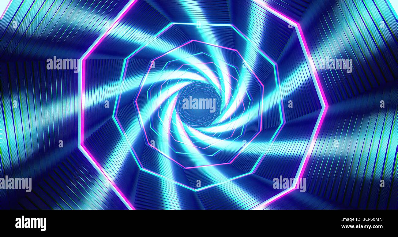 Bright blue and purple lines spiral inward, forming a dynamic tunnel ...