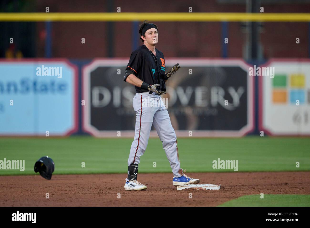 Chesapeake Baysox Austin Overn (7) celebrates hitting a double during ...